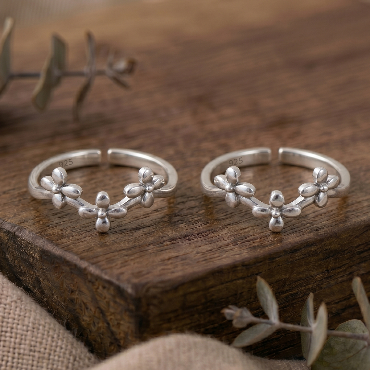 Pure 92.5 Silver Floral Toe Rings (Pair) | Adjustable Minimal Flower ...
